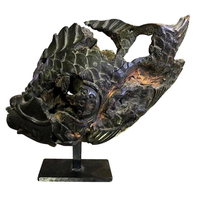 Japanese Heavy Wood Hand Carved Koi Fish Sculpture on Display Stand at ...