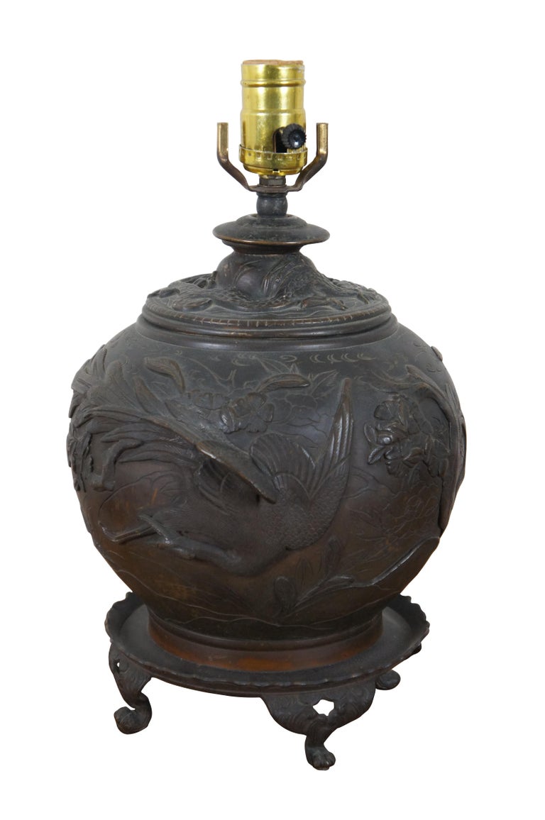 Japanese High Relief Bronze Ginger Jar Lamp Cranes Cherry Blossoms ...
