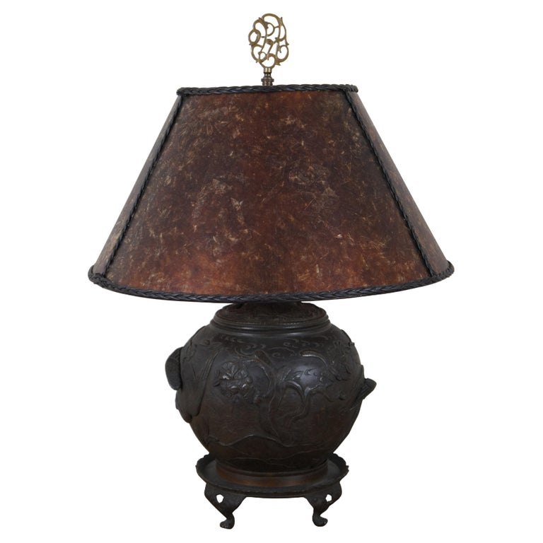 Japanese High Relief Bronze Ginger Jar Lamp Cranes Cherry Blossoms ...