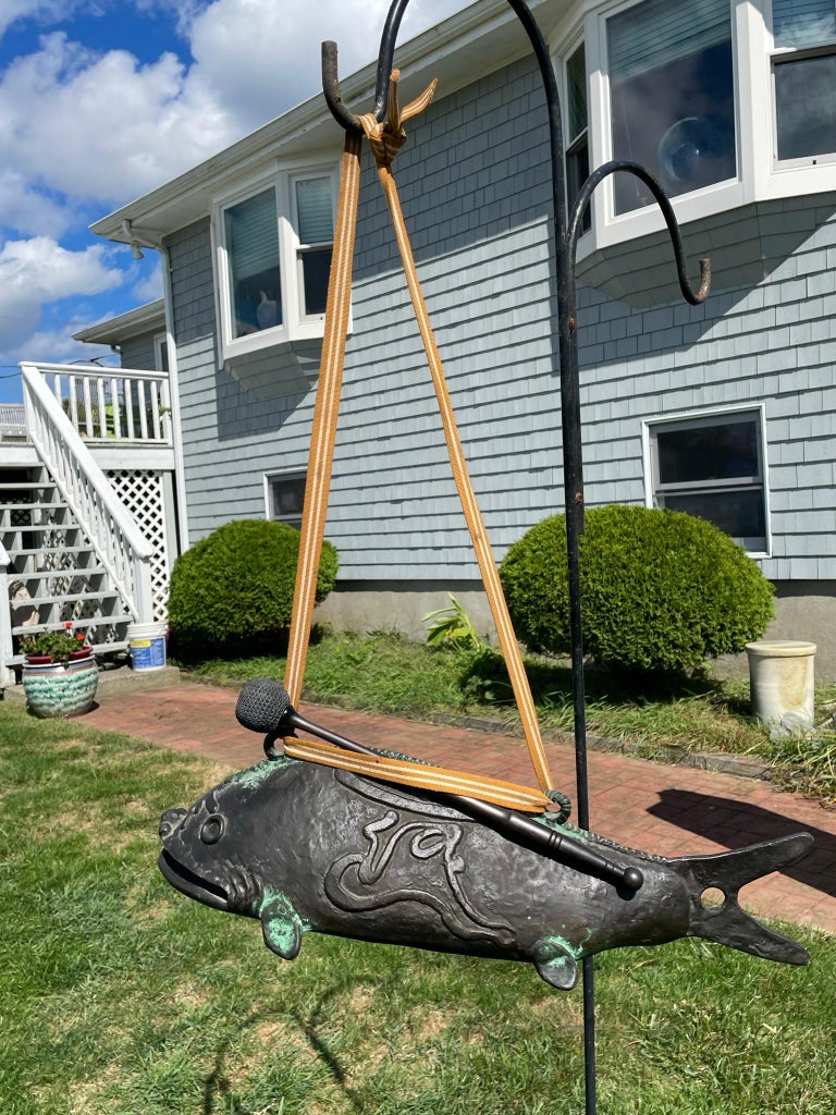Japanese Huge Antique Cast Bronze Fish Bell Gong with Hardwood Striker ...