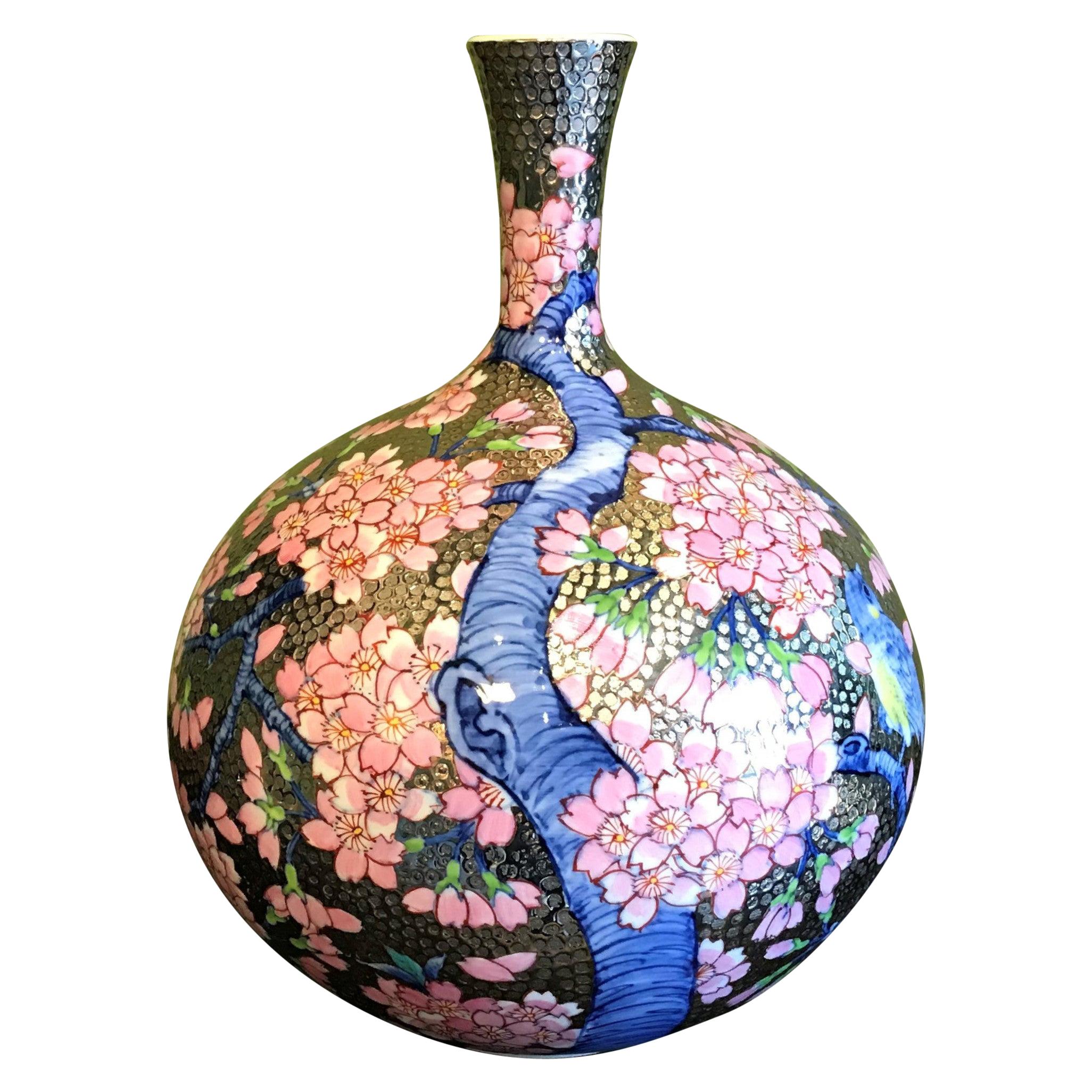 Blue Pink Porcelain Vase by Japanese Master Artist For Sale at 1stDibs