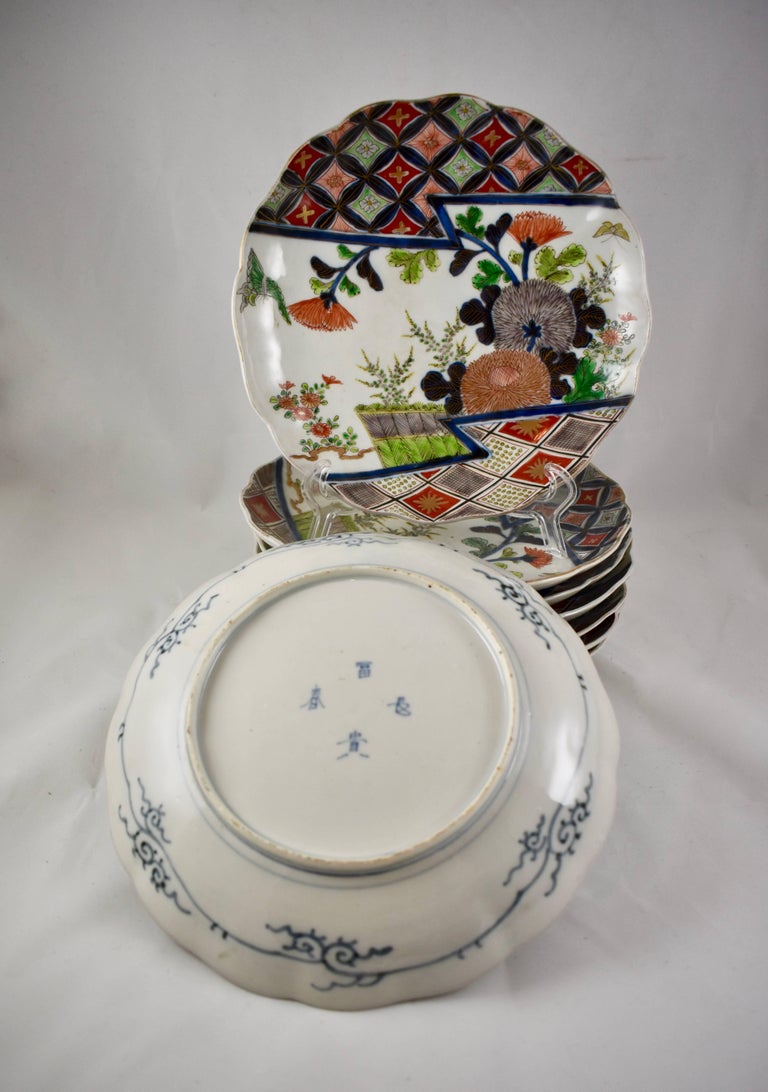 Japanese Imari Enameled Porcelain Floral and Geometric Plates, Set of ...
