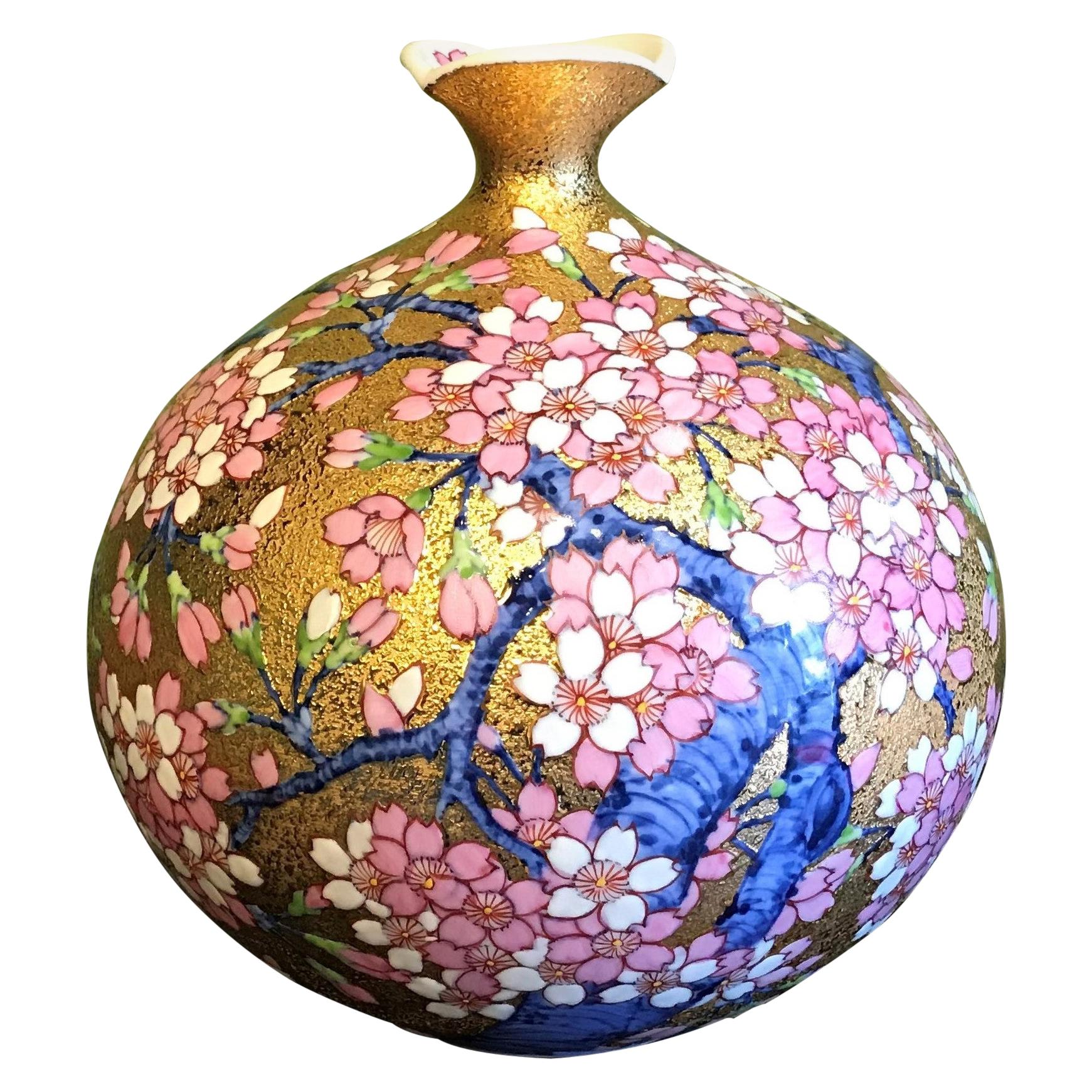 Japanese Contemporary Pink Blue Gold Porcelain Vase by Master Artist ...