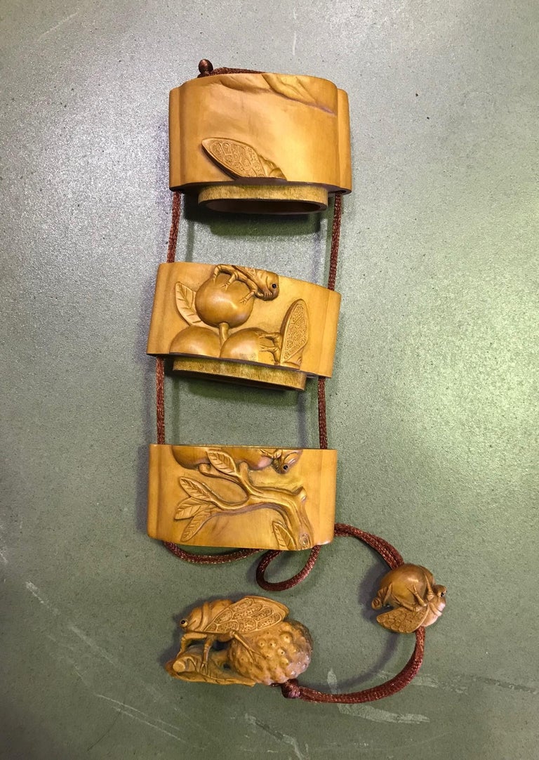 Japanese Inro Three-Part Box with Insect and Lychee Design with Netsuke ...