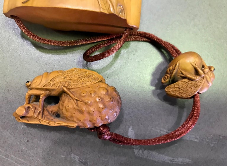 Japanese Inro Three-Part Box with Insect and Lychee Design with Netsuke ...