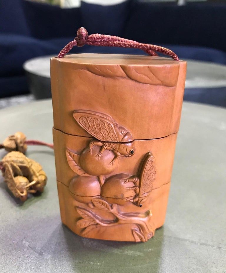 Japanese Inro Three-Part Box with Insect and Lychee Design with Netsuke ...