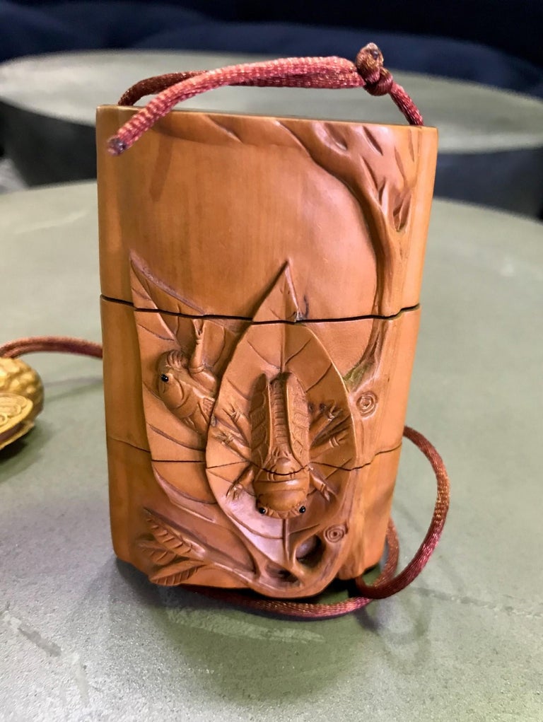 Japanese Inro Three-Part Box with Insect and Lychee Design with Netsuke ...