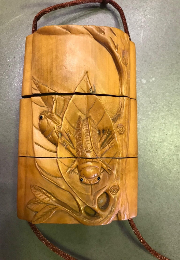 Japanese Inro Three-Part Box with Insect and Lychee Design with Netsuke ...