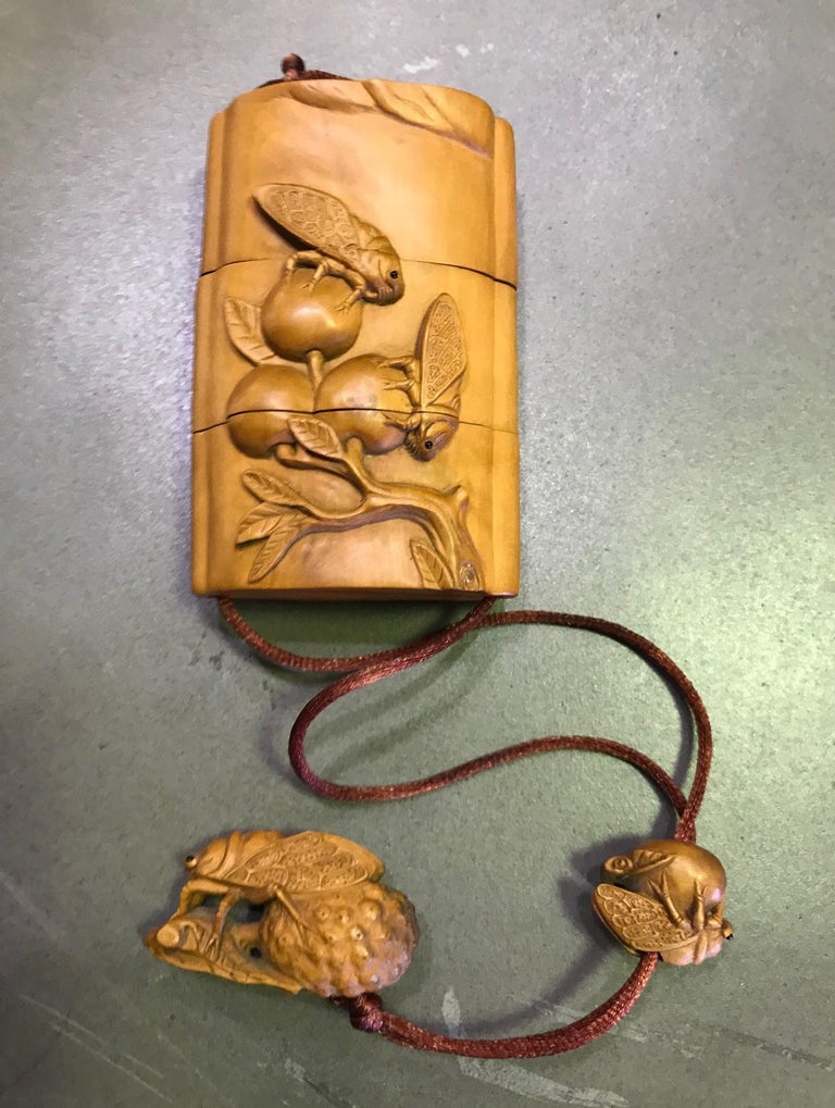 Japanese Inro Three-Part Box with Insect and Lychee Design with Netsuke ...