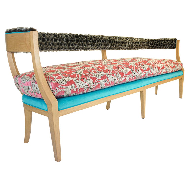 Japanese Inspired Bench with Wild Cat Print and Faux Fur For Sale at ...