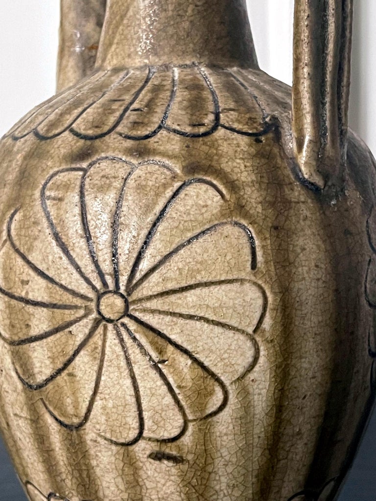 Japanese Ko-Seto Stoneware Ewer with Carved Design For Sale at 1stDibs