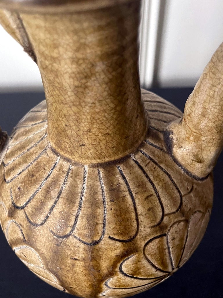 Japanese Ko-Seto Stoneware Ewer with Carved Design For Sale at 1stDibs