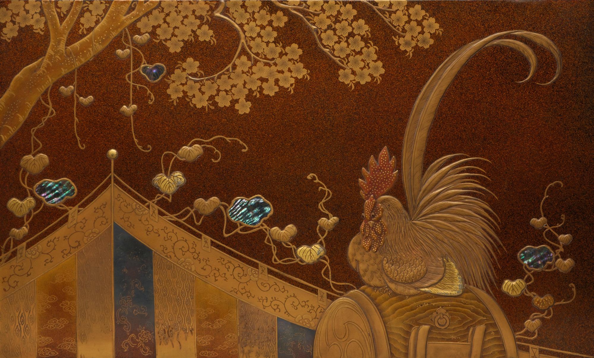Japanese lacquer raised display stand 花台 (ka'dai) with rooster and ...