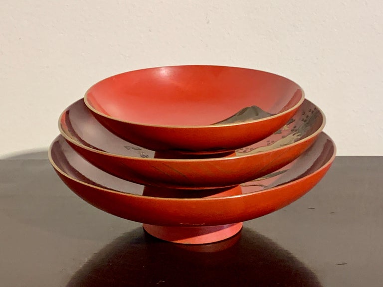 Japanese Lacquer Sake Cups, Set of 3, Meiji Period, Early 20th Century ...