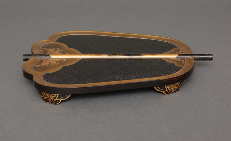 Japanese Lacquer Tray Shaped like a War Fan 軍配 'Gunbai' with a ...