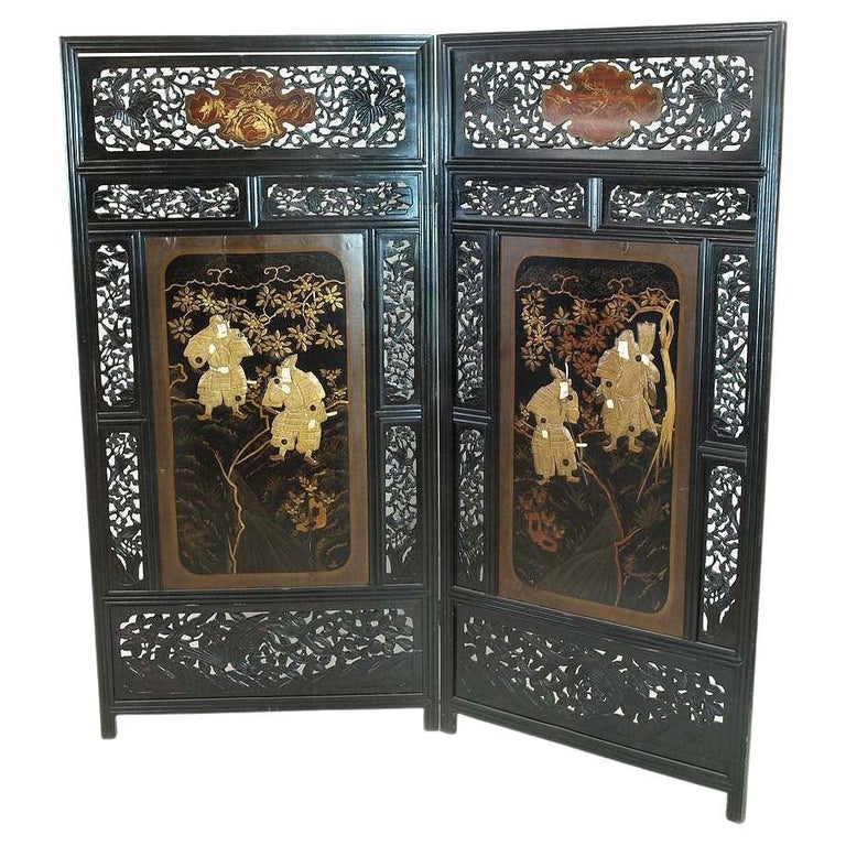 Japanese Lacquer Two Fold Samurai Warrior Screen at 1stDibs