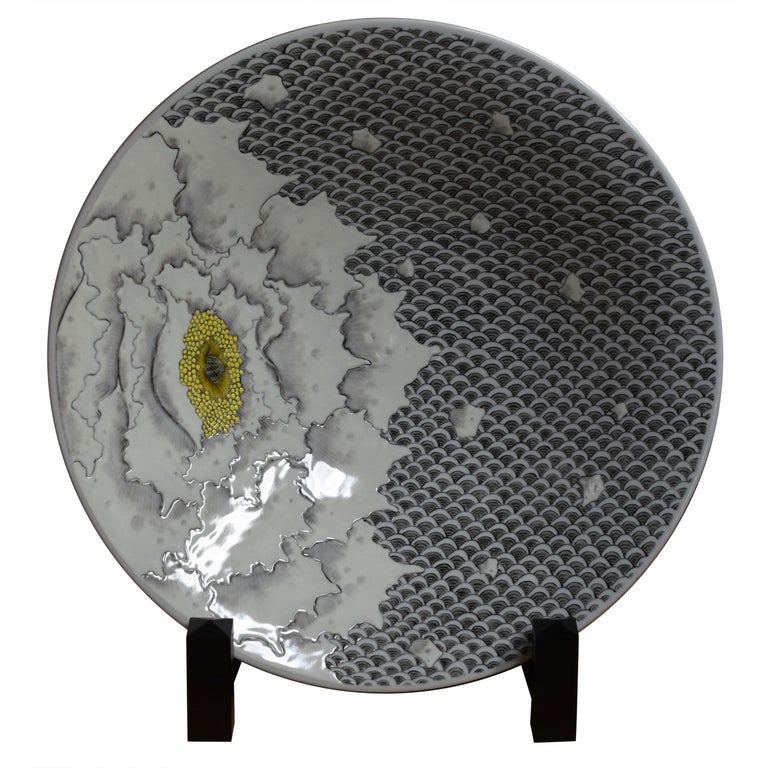 Japanese Large Gray White Porcelain Deep Charger by Master Artist For ...