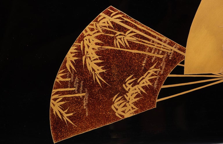 Japanese large lacquer serving tray 広蓋 (hirobuta) with an open fan ...