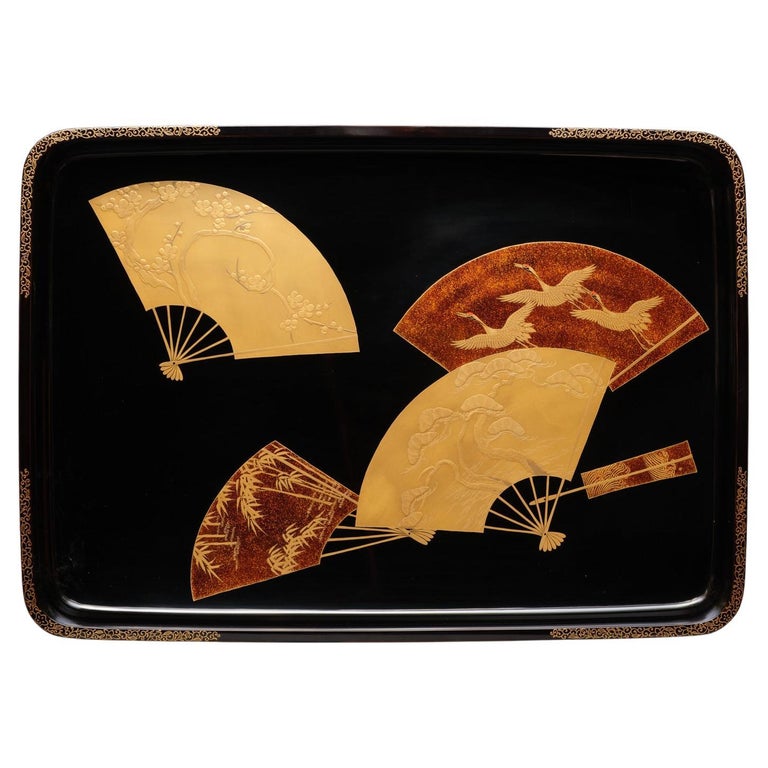 Japanese large lacquer serving tray 広蓋 (hirobuta) with an open fan ...