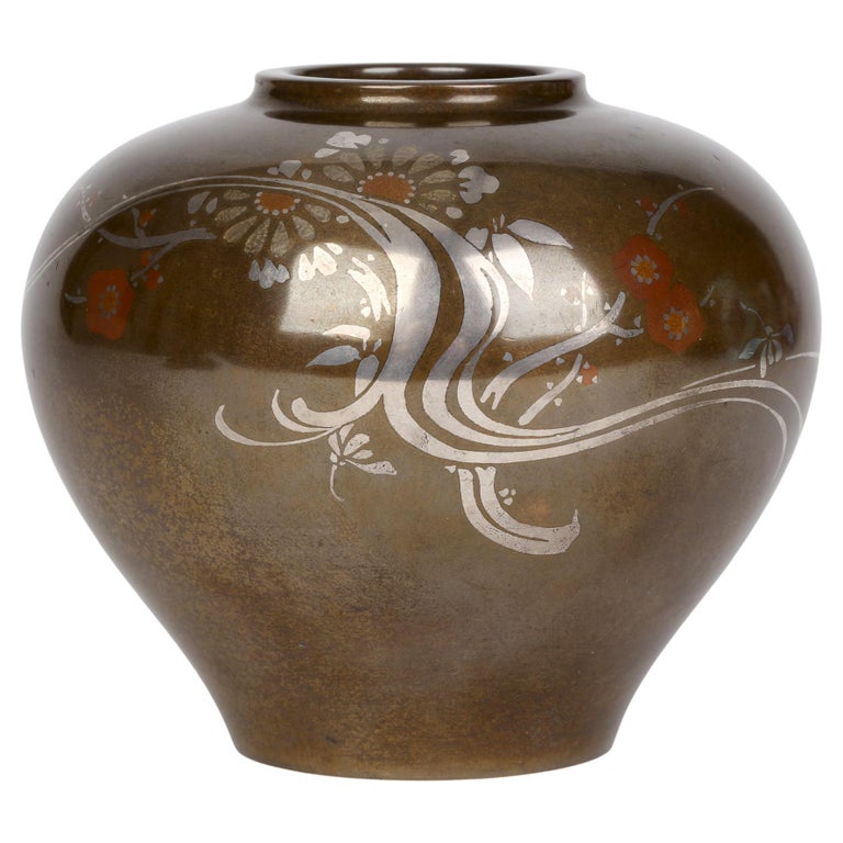 Japanese Late Meiji Silver And Copper Inlaid Bronze Vase Signed at 1stDibs