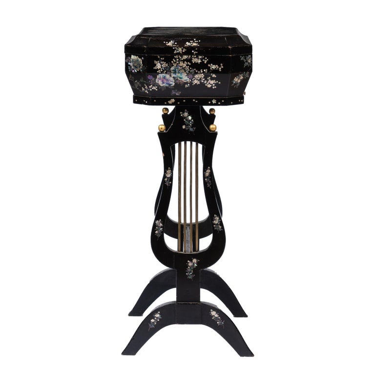 Japanese Lyre Base Sewing Box on Stand with Mother-Of Pearl Inlays ...