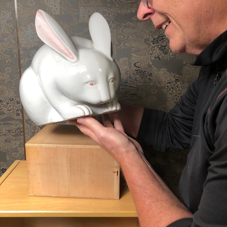 Japanese Massive Pure White Rabbit Sculpture, Long, Signed Kutani ...