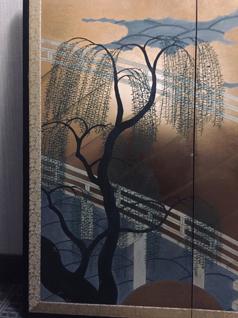 Japanese Four Panel Screen with Bridge and Weeping Willow Trees For ...