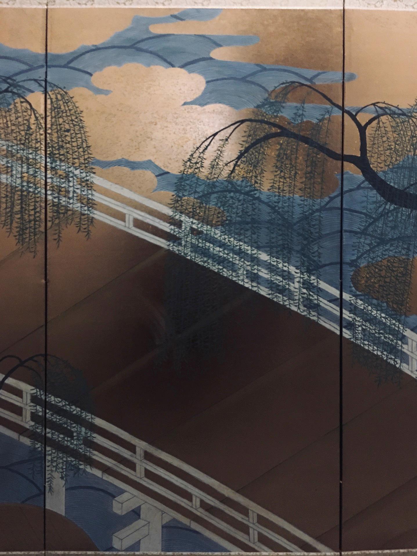 Japanese Four Panel Screen with Bridge and Weeping Willow Trees at ...