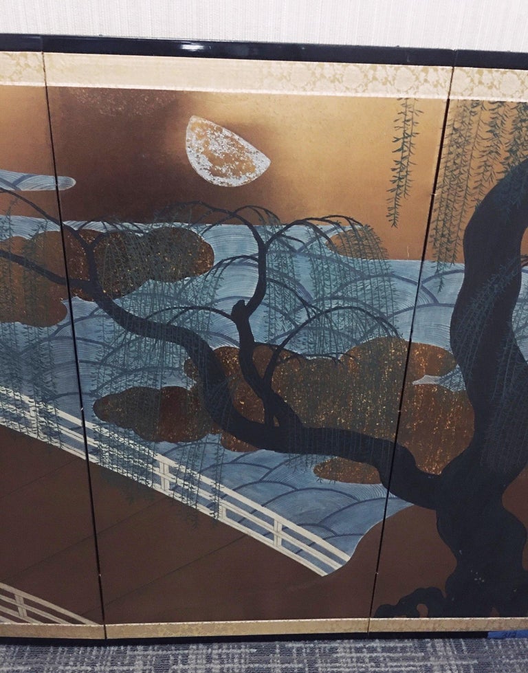 Japanese Four Panel Screen with Bridge and Weeping Willow Trees For ...