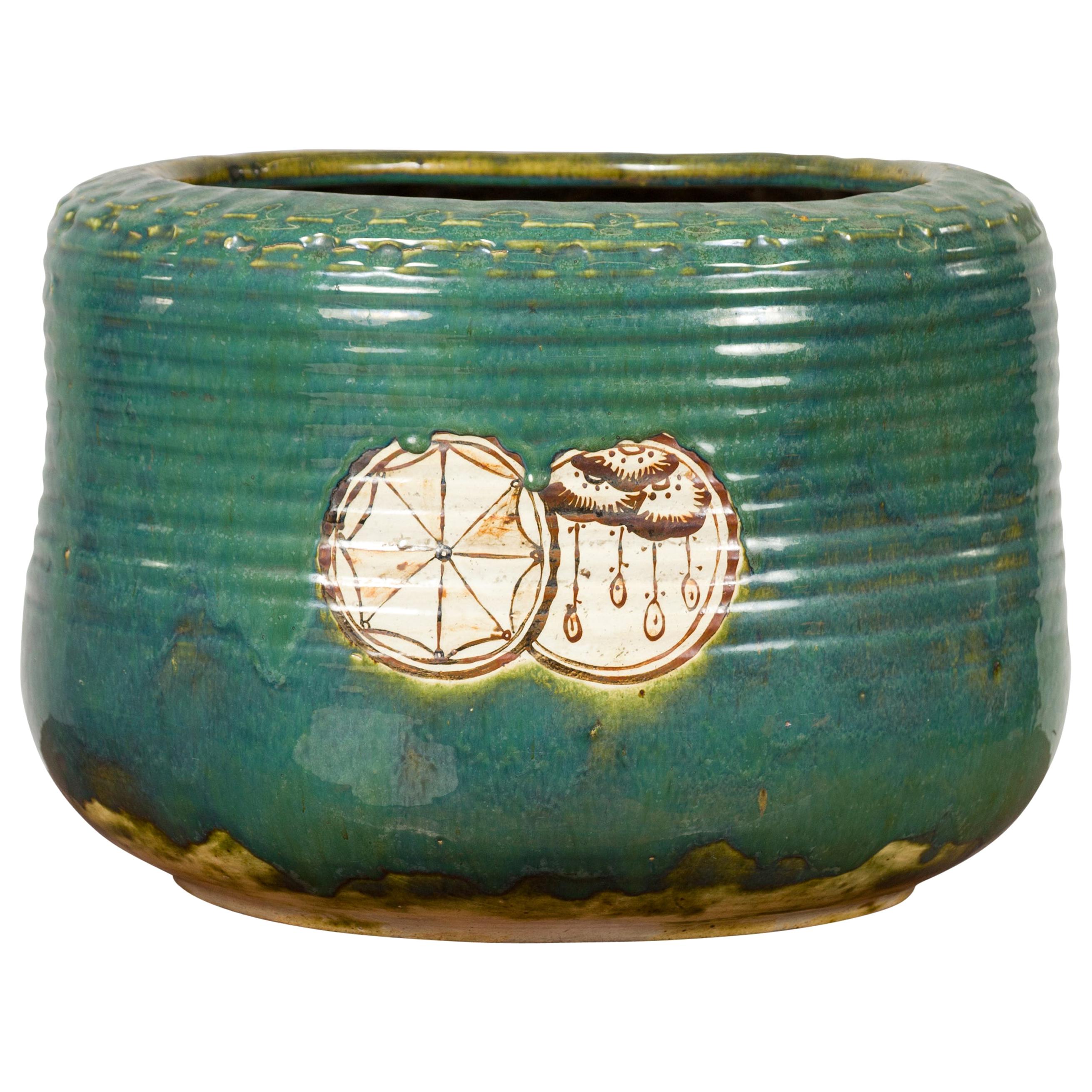 Japanese Meiji Period 19th Century Round Planter with Green Oribe Glaze ...