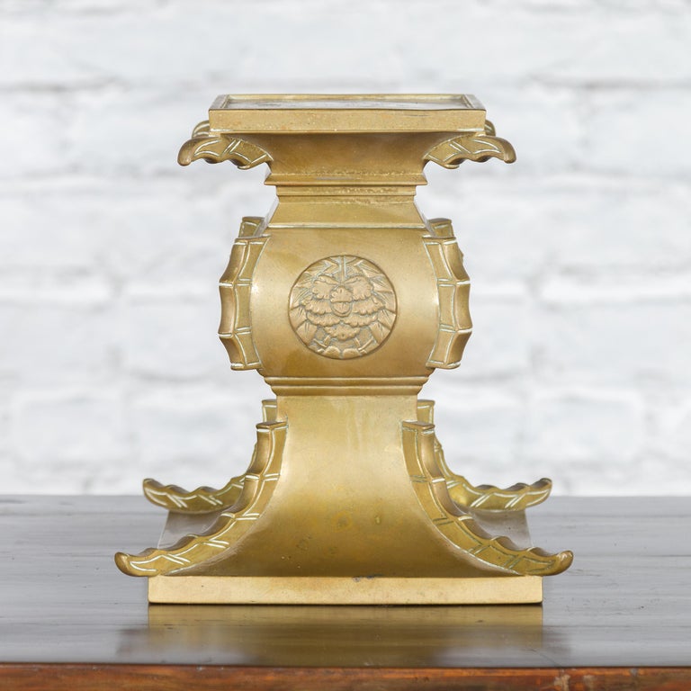 Japanese Meiji Period Brass Candle Holder with Scrolls and Medallions ...