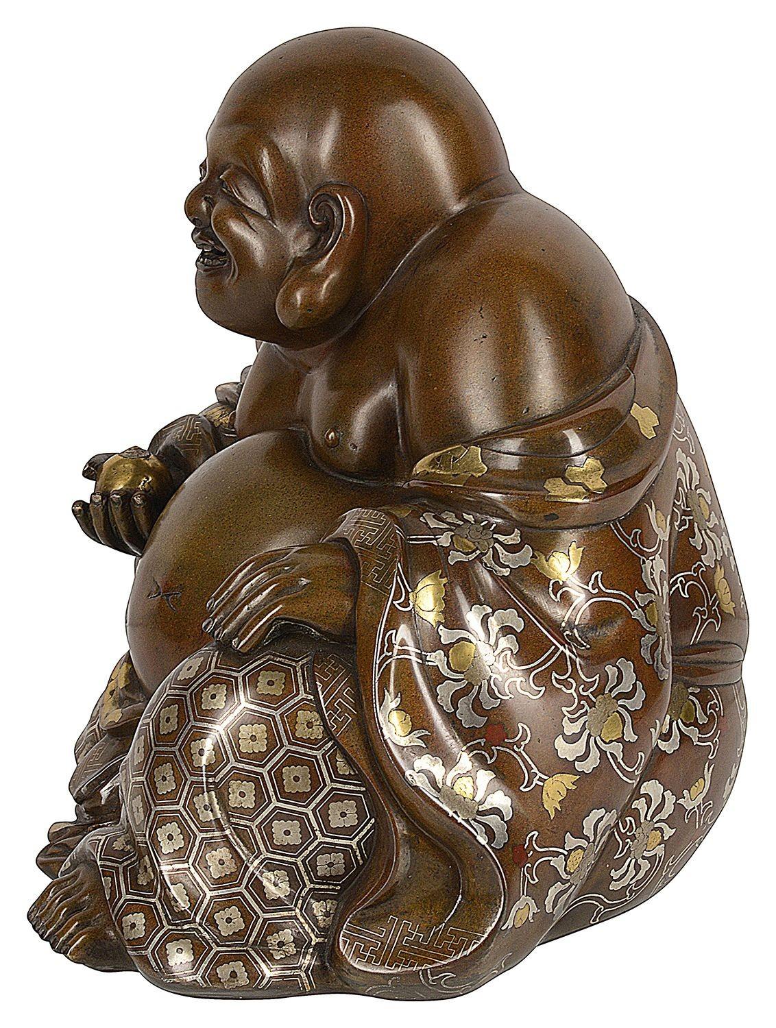 Japanese Meiji Period Bronze Inlaid Figure of Hotei For Sale at 1stDibs