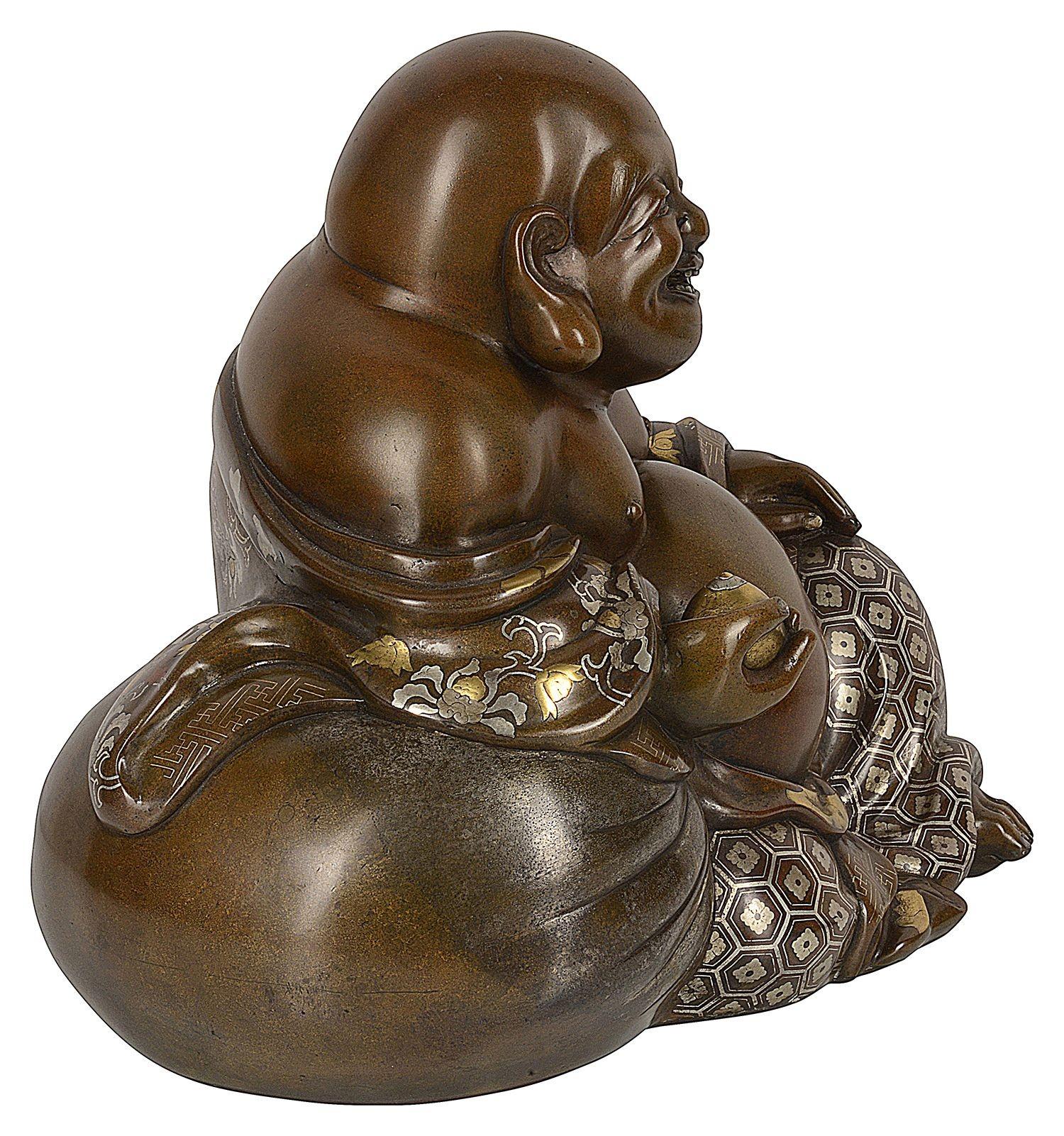 Japanese Meiji Period Bronze Inlaid Figure of Hotei For Sale at 1stDibs