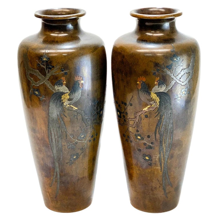 Japanese Meiji Period Bronze Mixed Metal Inlay Rooster Vases For Sale ...