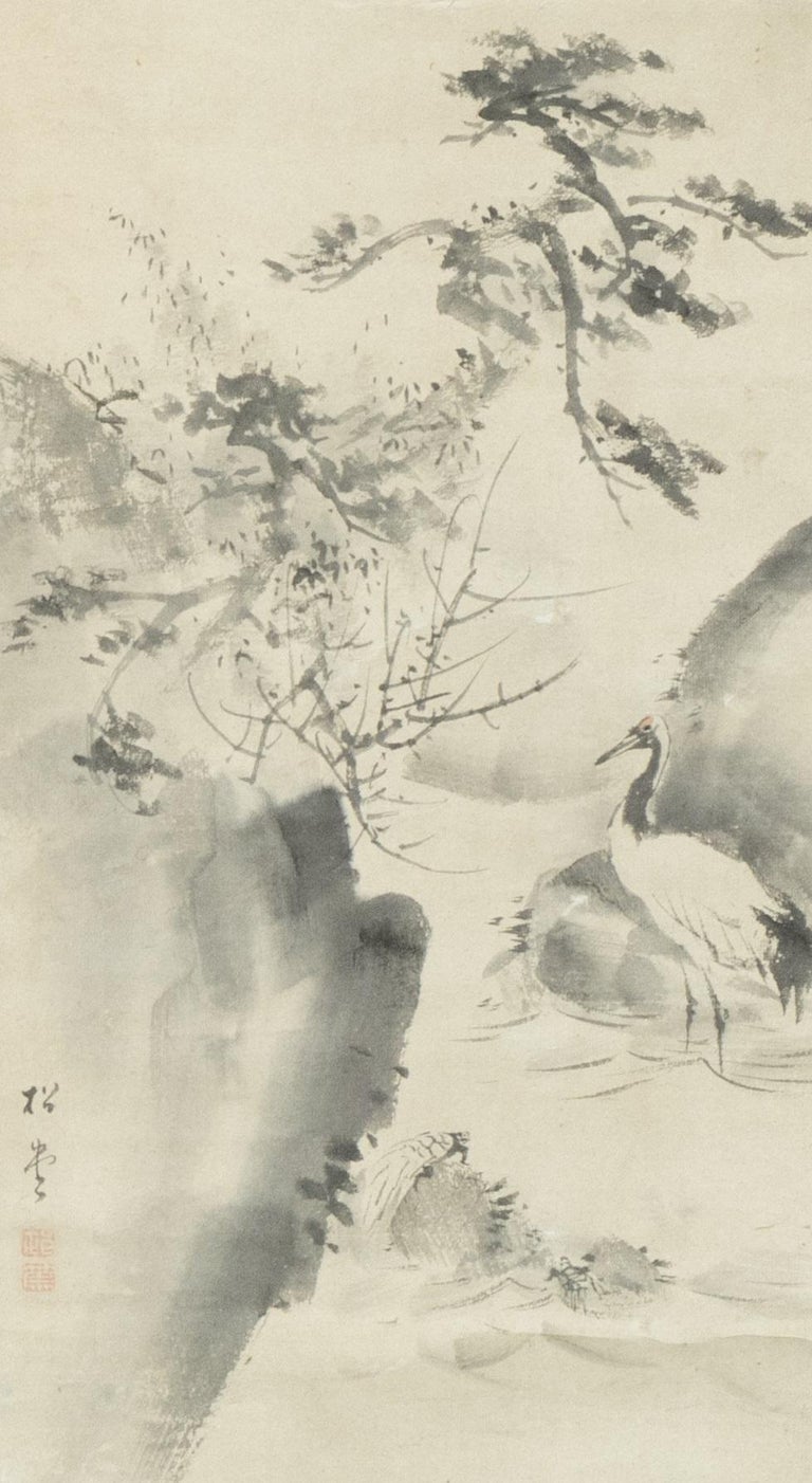 Japanese Meiji Period Painting Scroll Crane Landscape Nihonga Japan ...