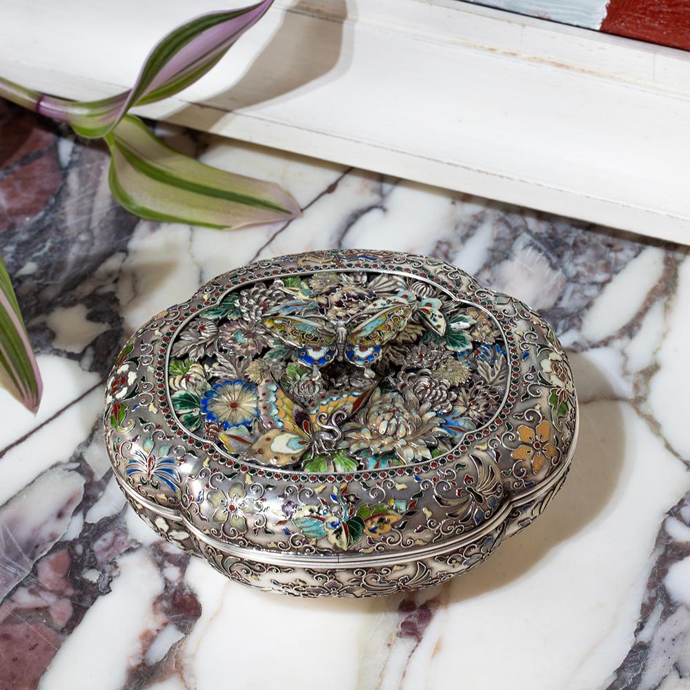 Japanese Meiji Period Silver and Enamel Lidded Butterfly Box For Sale ...