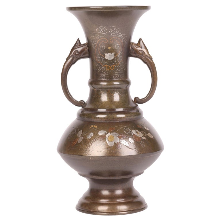 Japanese Meiji Twin Handled Bronze Vase with Silver, Brass and Copper ...