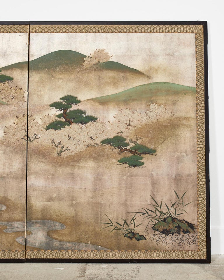 Japanese Meiji Two Panel Screen Cherry Blossoms Yoshino Mountain For ...