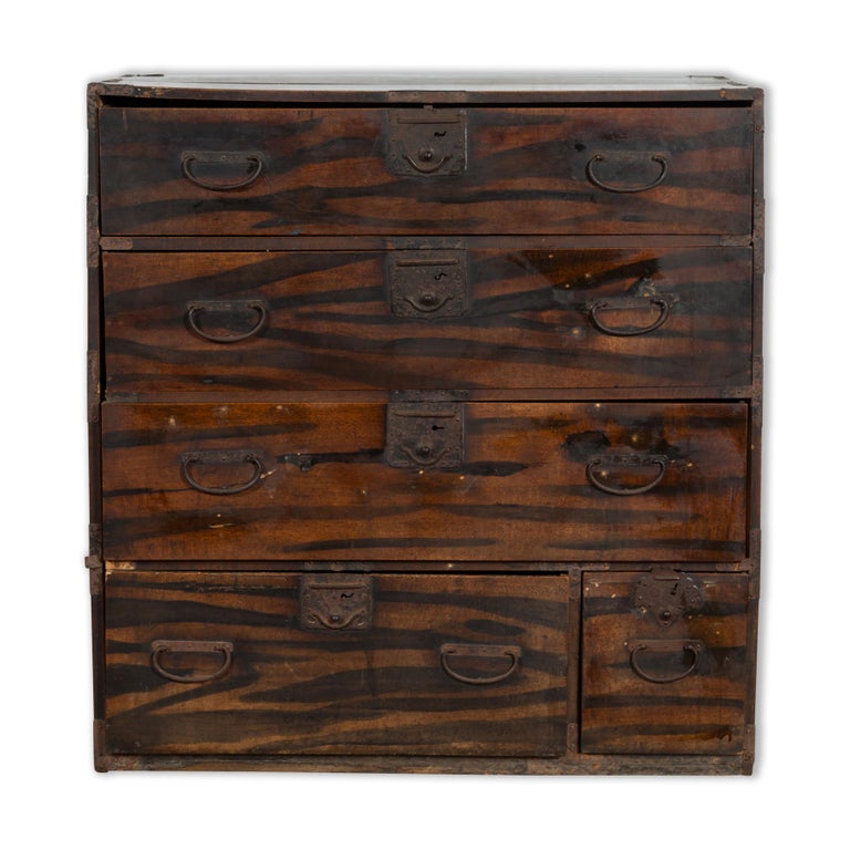 Japanese Meiji Zebra Wood Tansu Chest in Isho-Dansu Style with Five ...