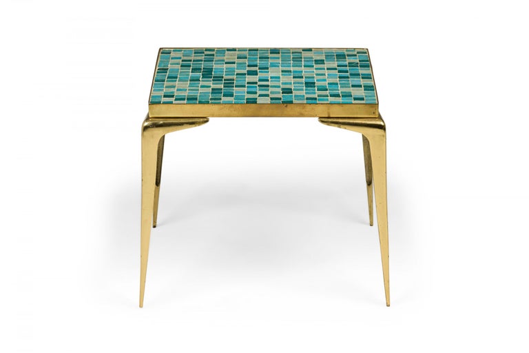 Japanese Mid-Century Murano Glass Blue Tile Top Brass End / Side Table ...