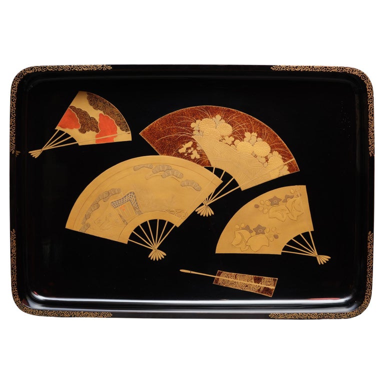 Japanese Mid-Size Lacquer Serving Tray 広蓋 'Hirobuta' with an Open Fan ...