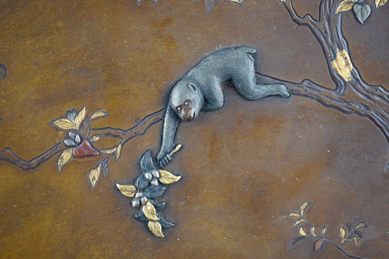 Japanese Mixed Metal Finely Executed Decorative Plate of Monkey Picking ...