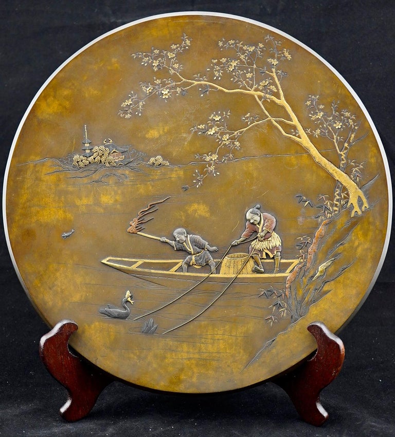 Japanese MIxed Metal Finely Executed Plate of Cormorant Fishing at ...