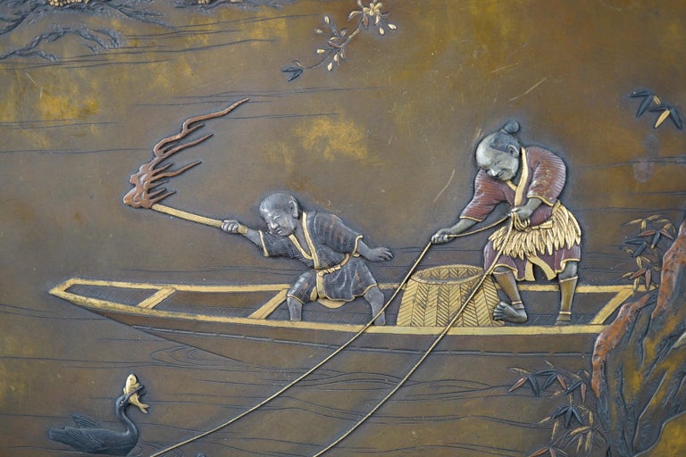Japanese MIxed Metal Finely Executed Plate of Cormorant Fishing at ...