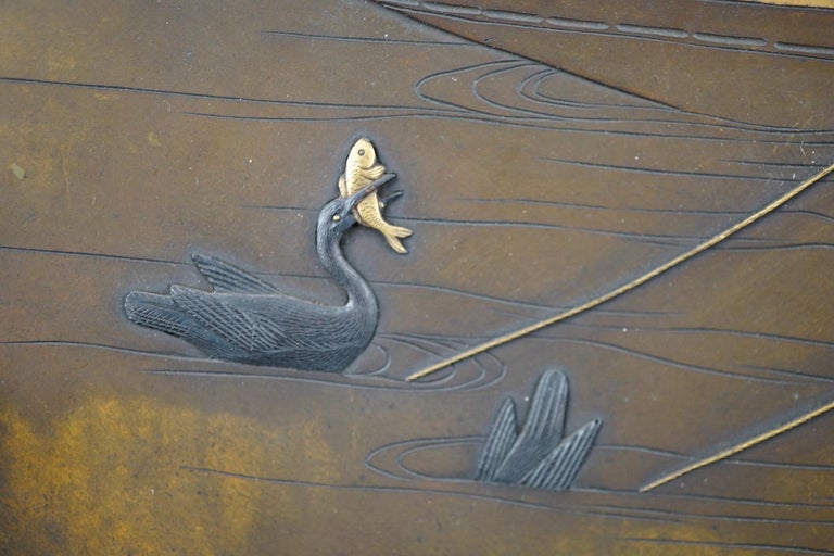 Japanese MIxed Metal Finely Executed Plate of Cormorant Fishing at ...