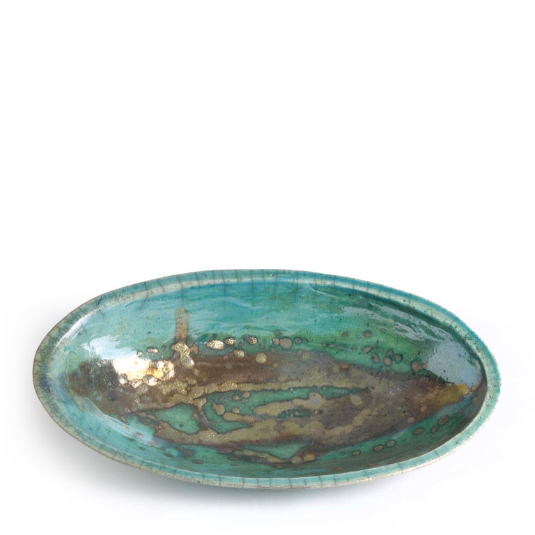 Japanese Modern Long Bowl Raku Ceramic Green Copper For Sale at 1stDibs