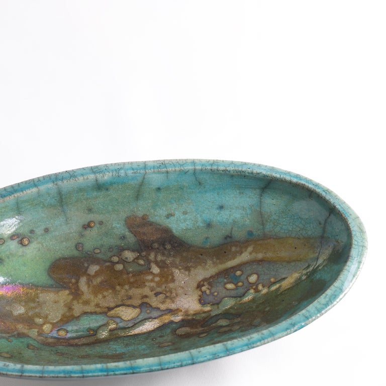 Japanese Modern Long Bowl Raku Ceramic Green Copper For Sale at 1stDibs
