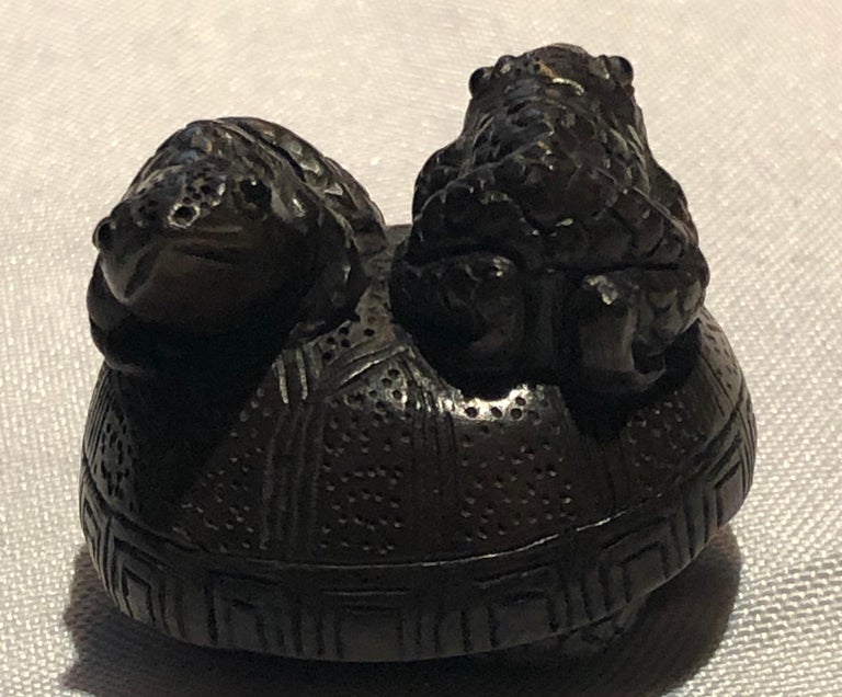 Japanese Netsuke, 20th Century, Two Toads Sitting on a Turtle, Wood ...