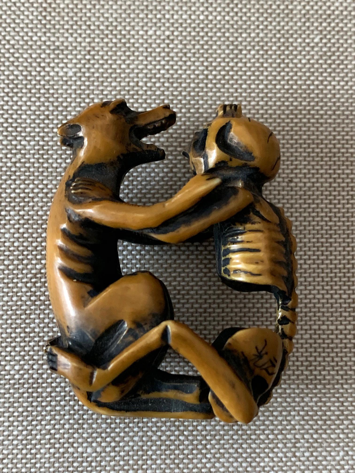Japanese Netsuke Skeleton and Wolf Signed Koun Meiji Period at 1stDibs