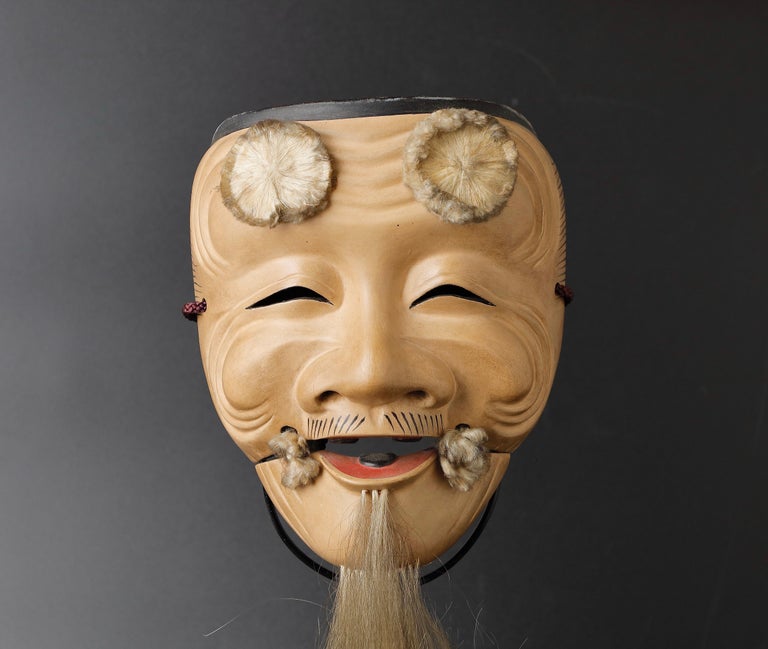 Japanese Okina Noh Mask Old Male with Long White Beard Expressing ...